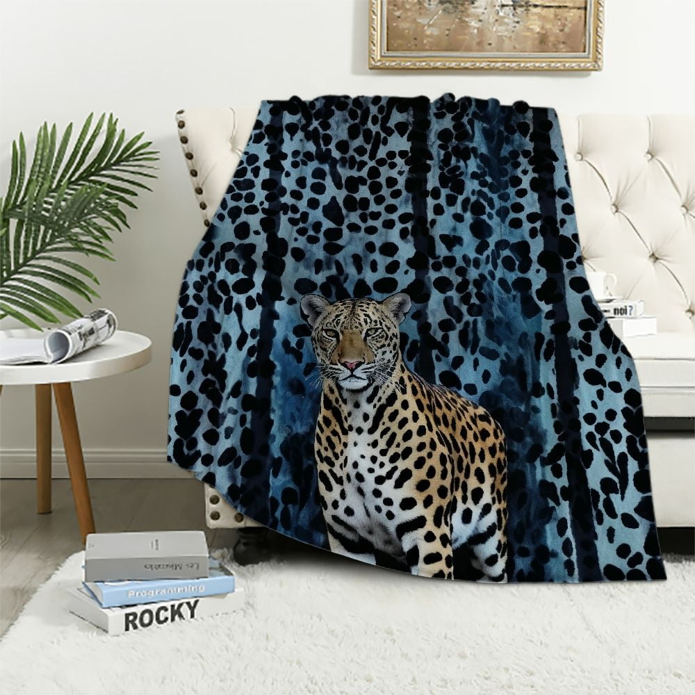 EastSmooth Retro Blue Leopard Print Flannel Blanket for Kids Adults ...