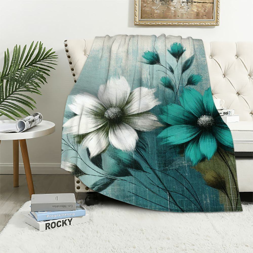EastSmooth Rustic Farmhouse Throw Blankets, Farm Teal Daisy Floral ...