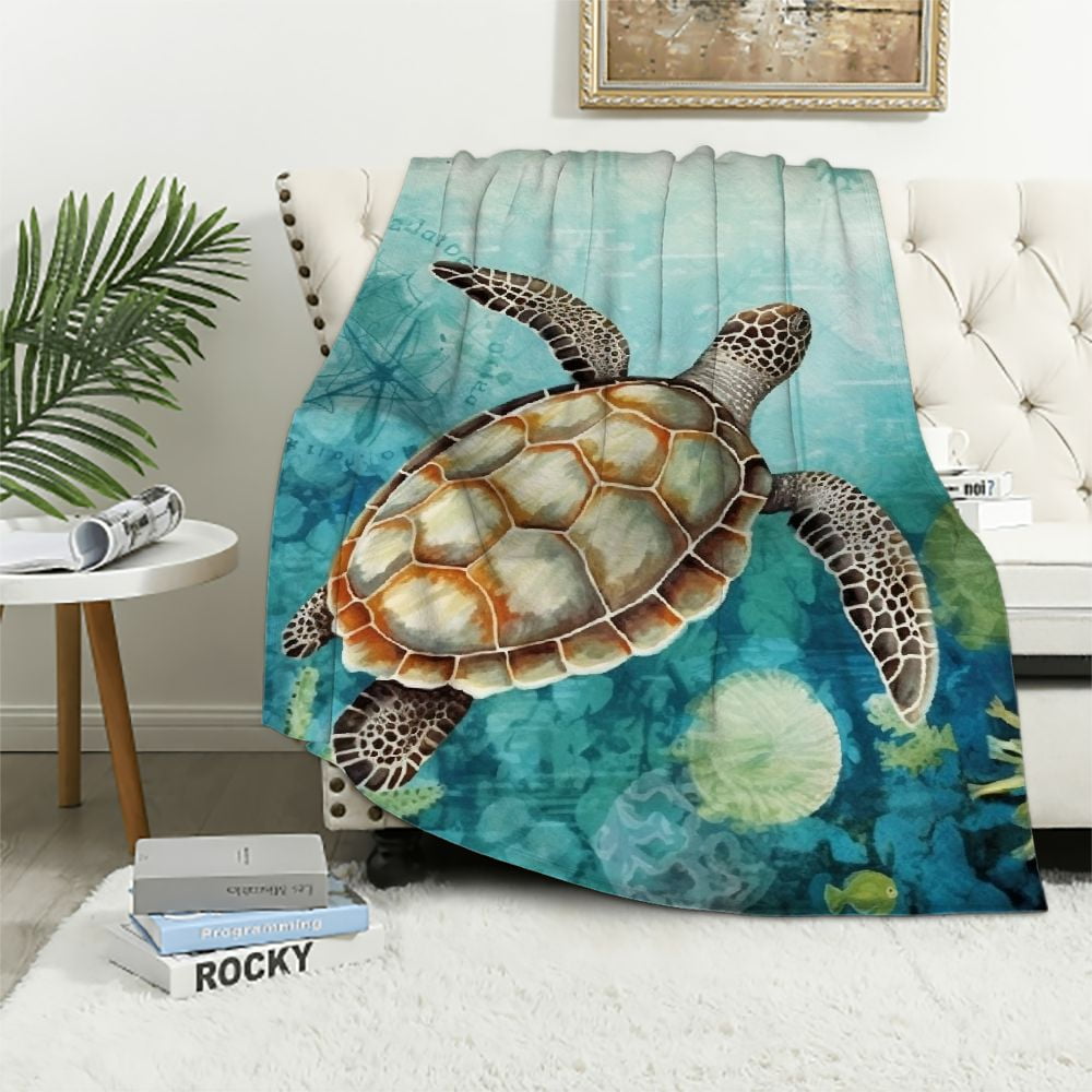 EastSmooth Sea Turtle Blanket Soft Warm Mediterranean Style Throw Print ...