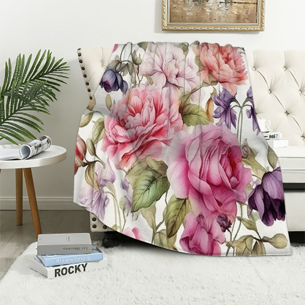 QCPP Seamless Floral Pattern Throw Blanket Watercolor Flowers Roses ...
