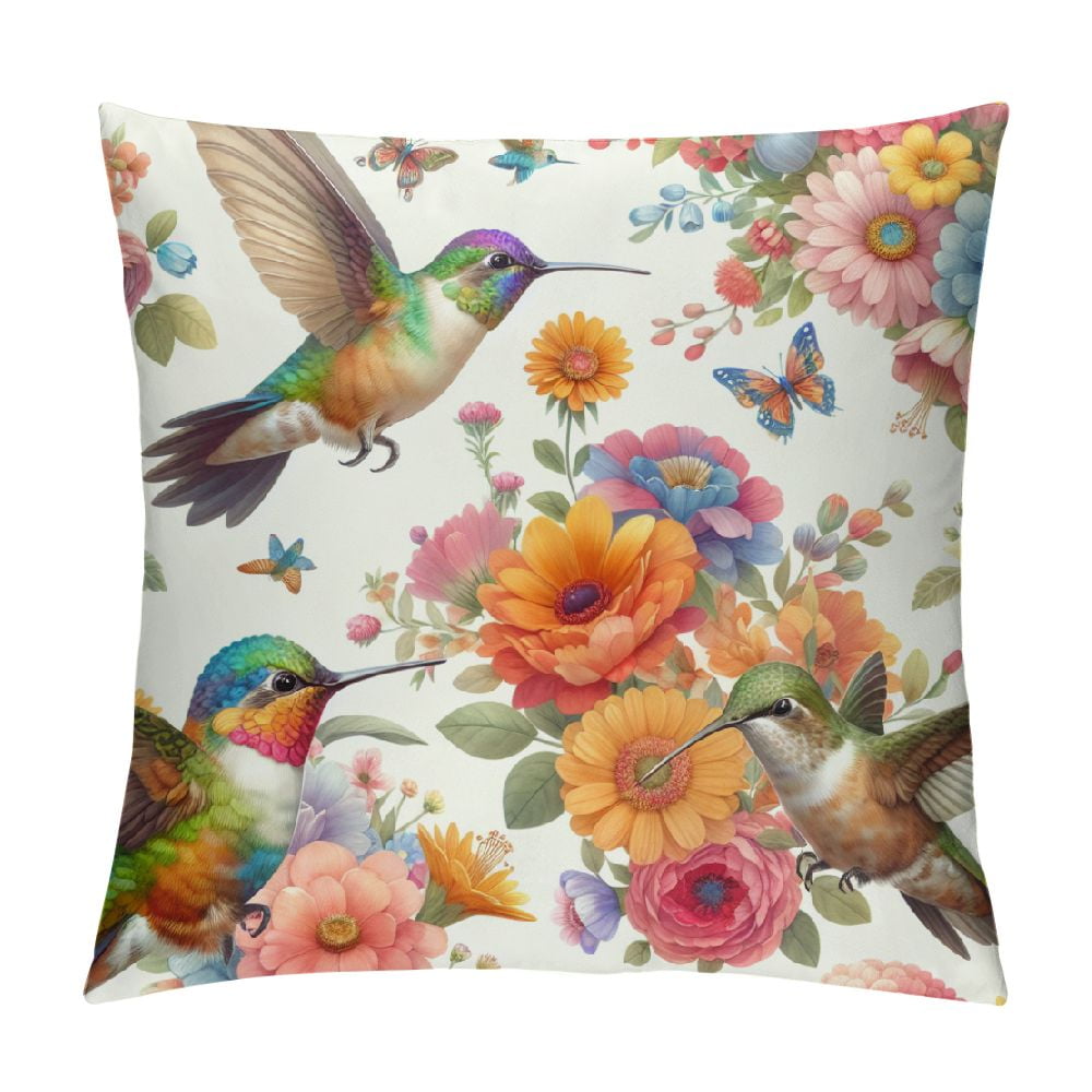 QCPP Spring Floral Birds Throw Pillow Covers Hummingbird Flowers ...