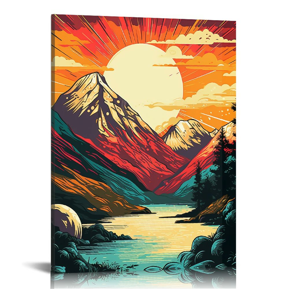 EastSmooth Sun Mountain Forest Lake Nature Scenery Framed Canvas Wall ...