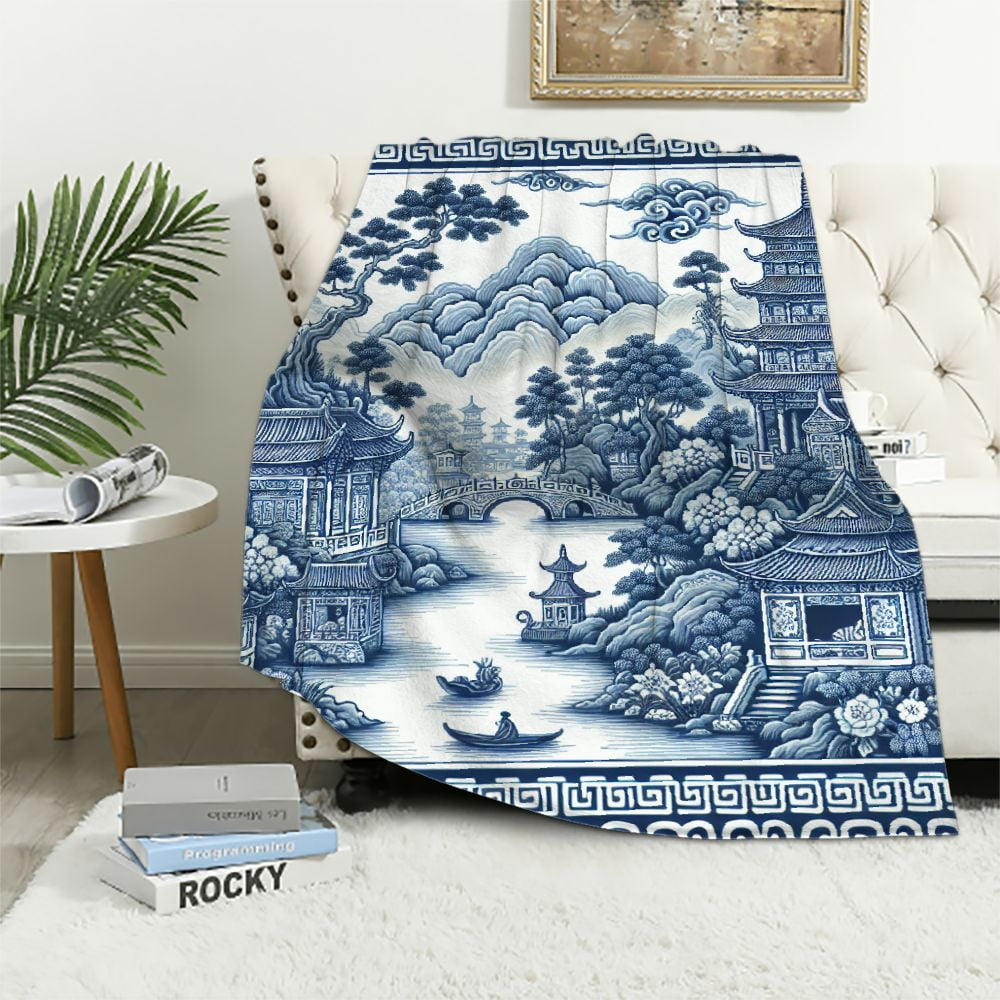 EastSmooth Thicken Throw Blankets Chinoiserie Blue and White Porcelain ...