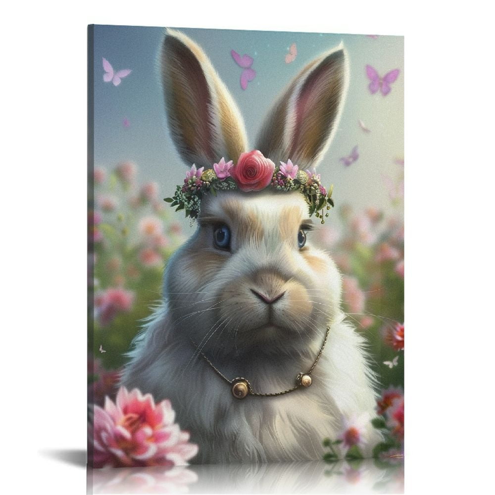 EastSmooth Wall Art Decor Cute White Rabbit In Flower Garden With Pink ...