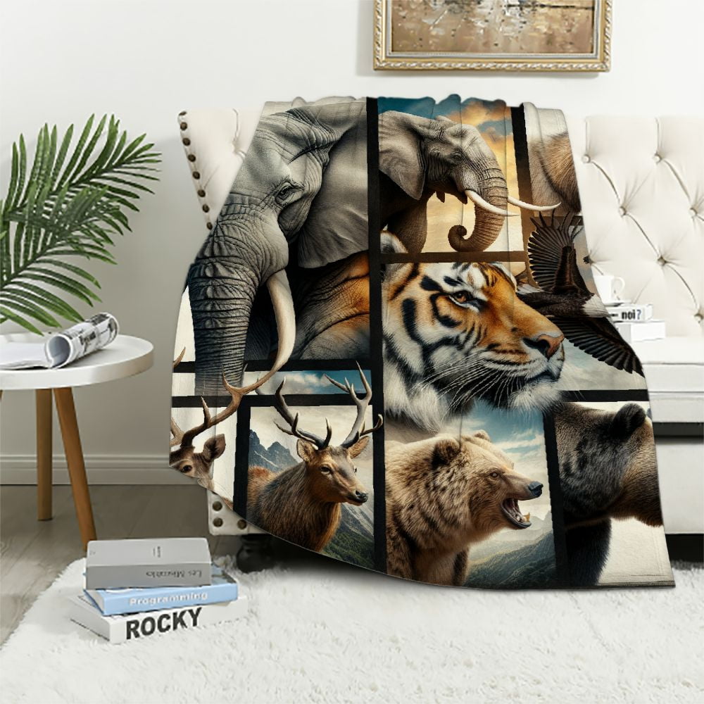 EastSmooth Wild Animal Blanket Super Soft Cozy Elephant Tiger Deer Wolf ...