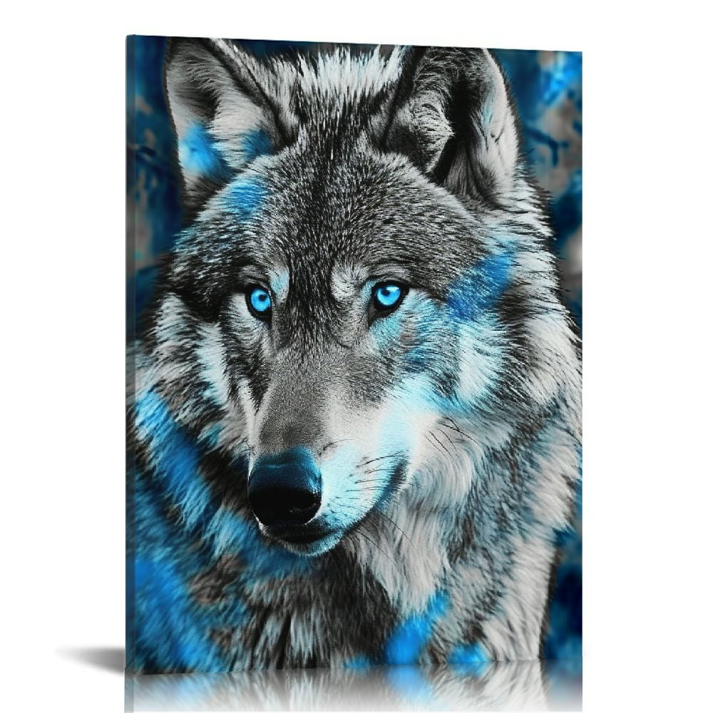 EastSmooth Wildlife Animal Canvas Wall Art Black White Wolf with Blue ...