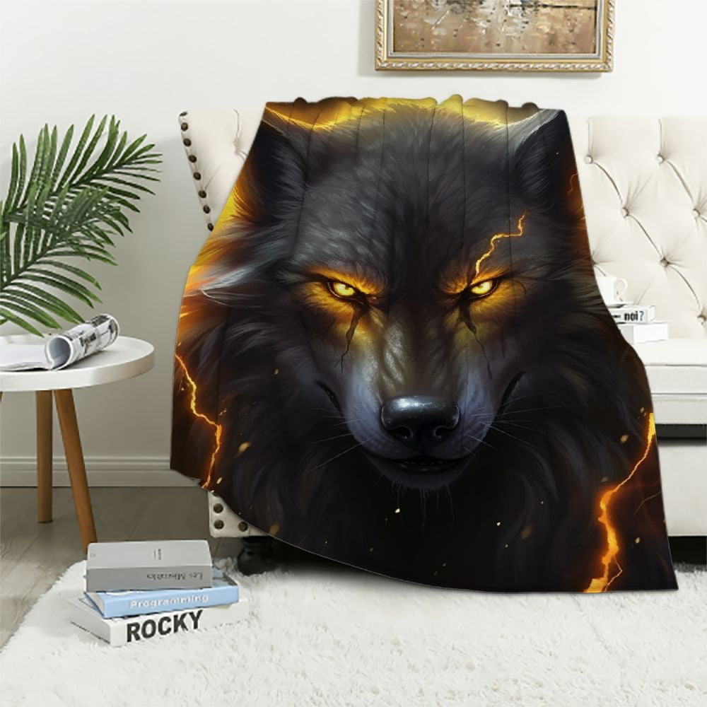 EastSmooth Wolf Gifts Blanket, Black Gold Fire Lightning Wolf Throw ...
