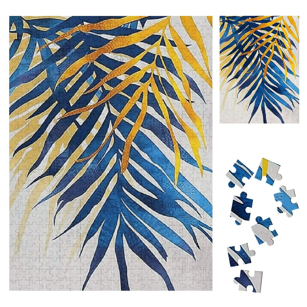 QCPP Wooden Jigsaw Puzzle Palm Tree Branch Blue Yellow Leaves Vertical ...