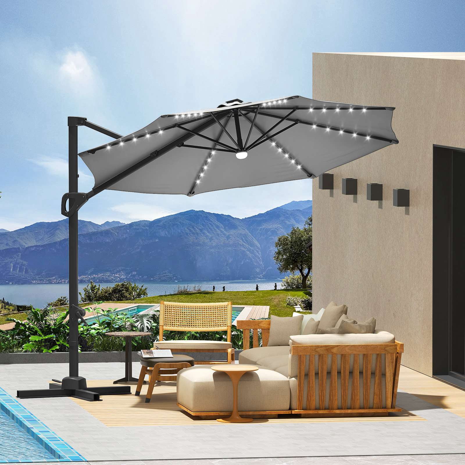 EastVita 10 Ft Patio Umbrella Solar LED Cantilever Umbrella with LED ...