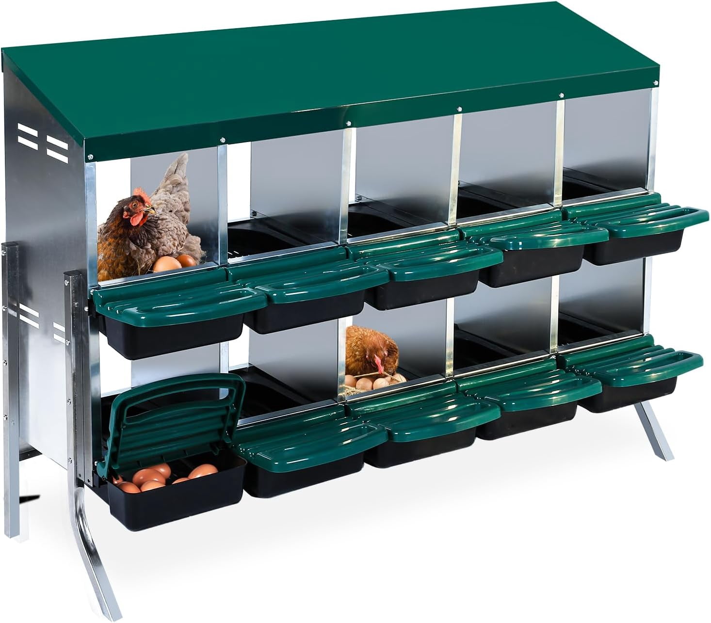 EastVita 10 Hole Green With Stand Chicken Coops Box Metal Hen House ...
