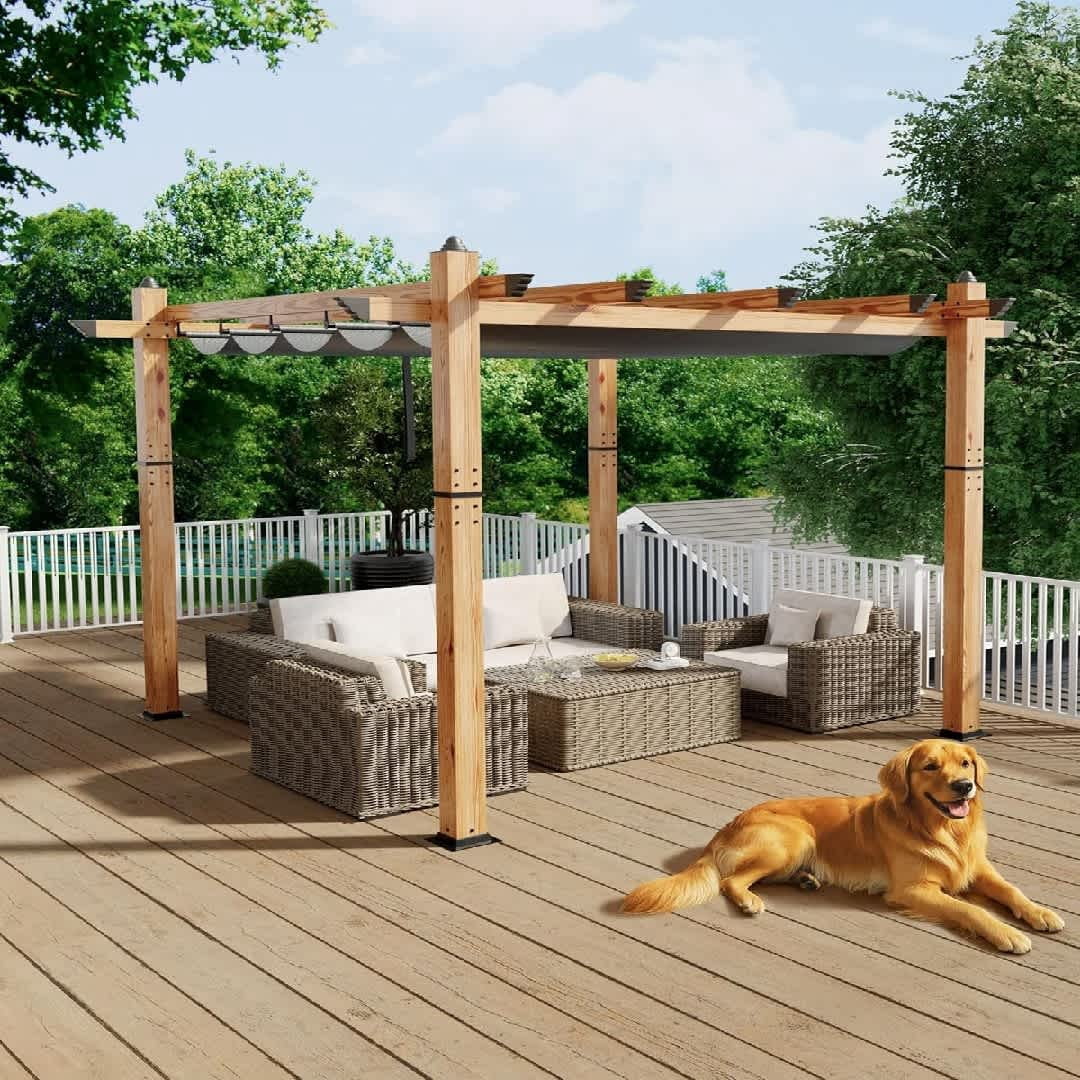 EastVita 10X10 Pergola Retractable Canopy Wood Grain Aluminum Frame ...