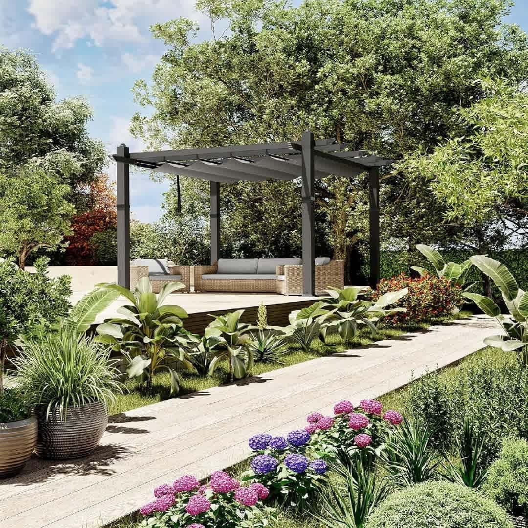 EastVita 10X10 Pergola Retractable Canopy Wood Grain Aluminum Frame ...