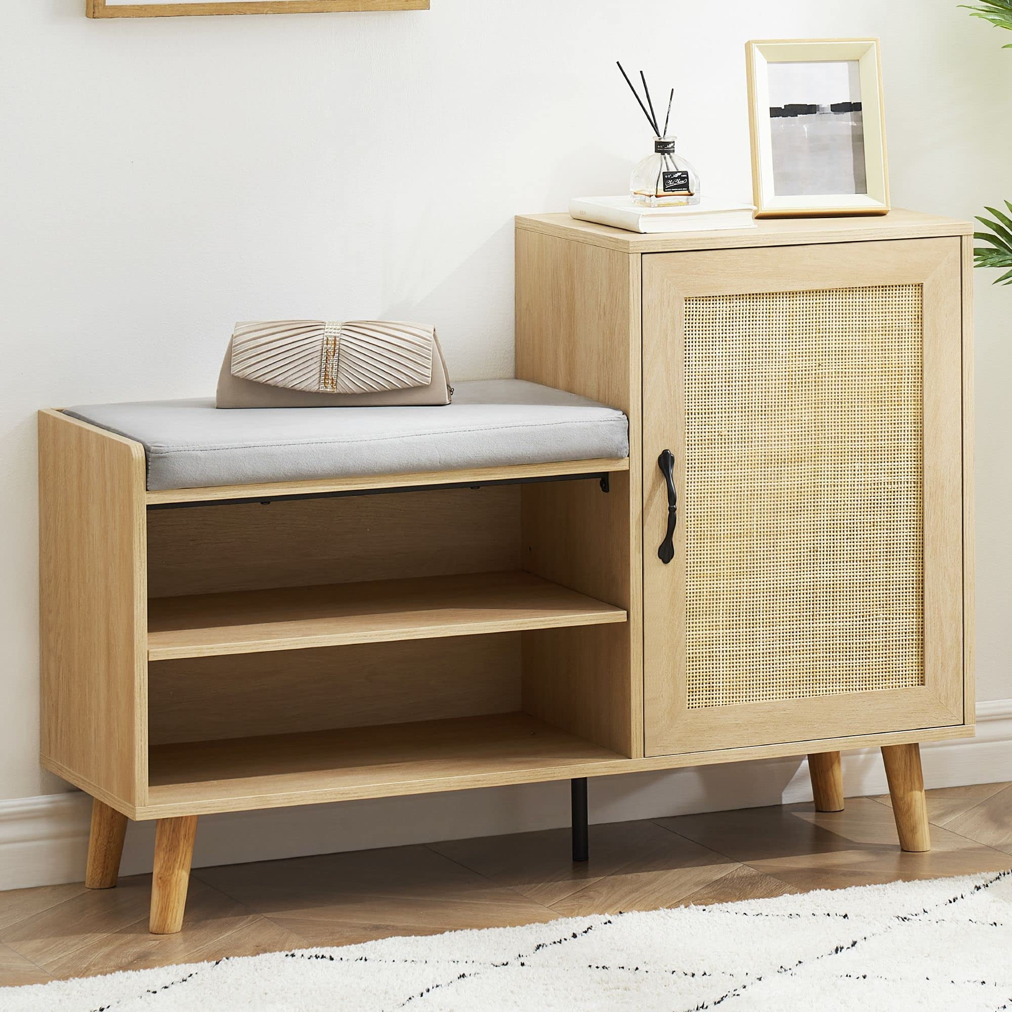 EastVita 2-in-1 Natural Rattan Shoe Storage Bench & Shoe Cabinets with ...
