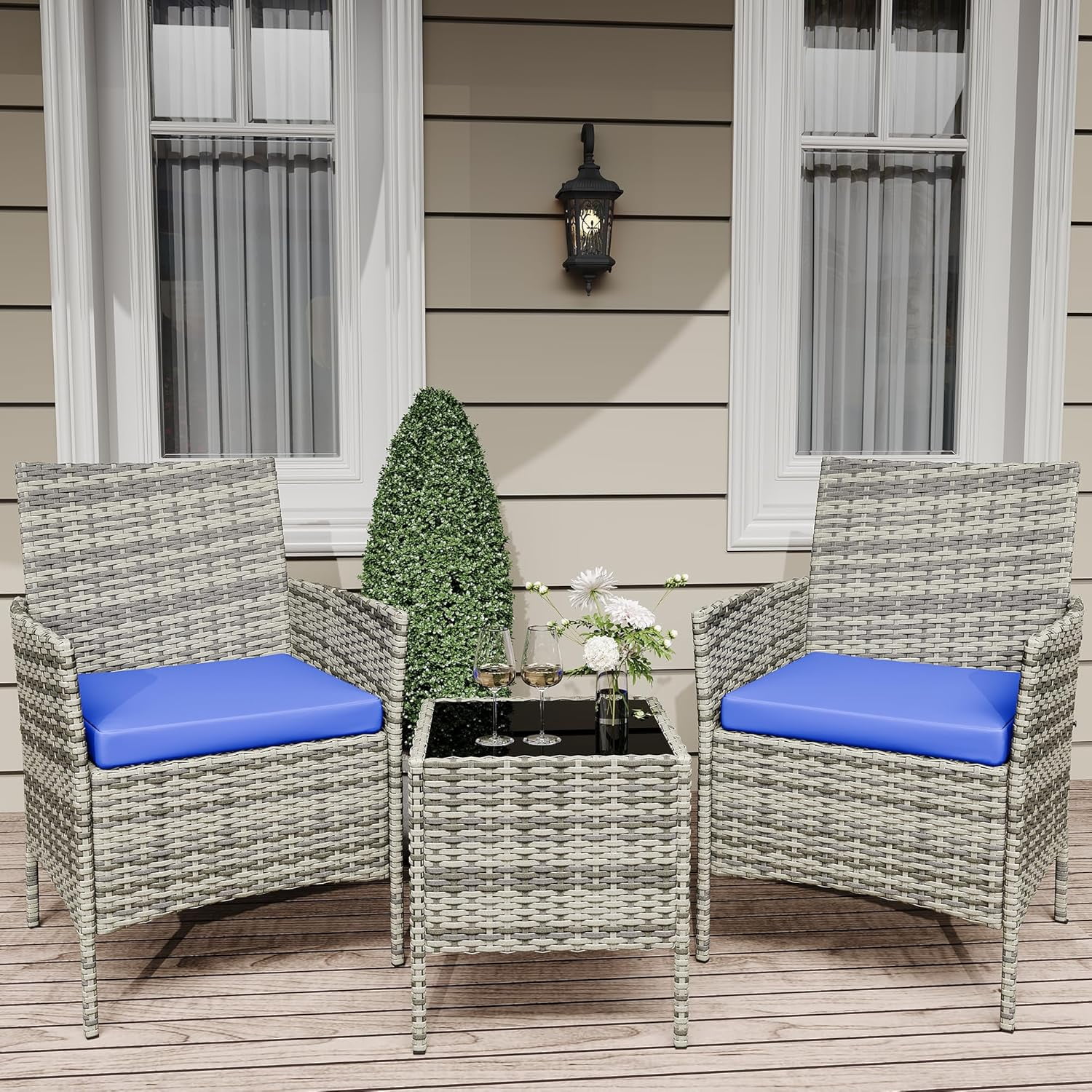 EastVita 3 Piece Patio Set PE Rattan Patio Conversation Set with 2 ...