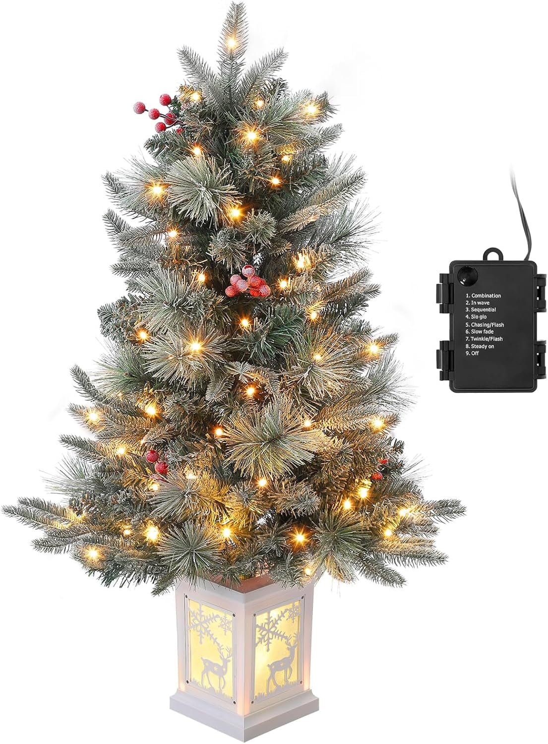 EastVita 3ft Pre-Lit Christmas Tree Snow Flocked Fiber Optic Christmas Tree, Small Artificial ...