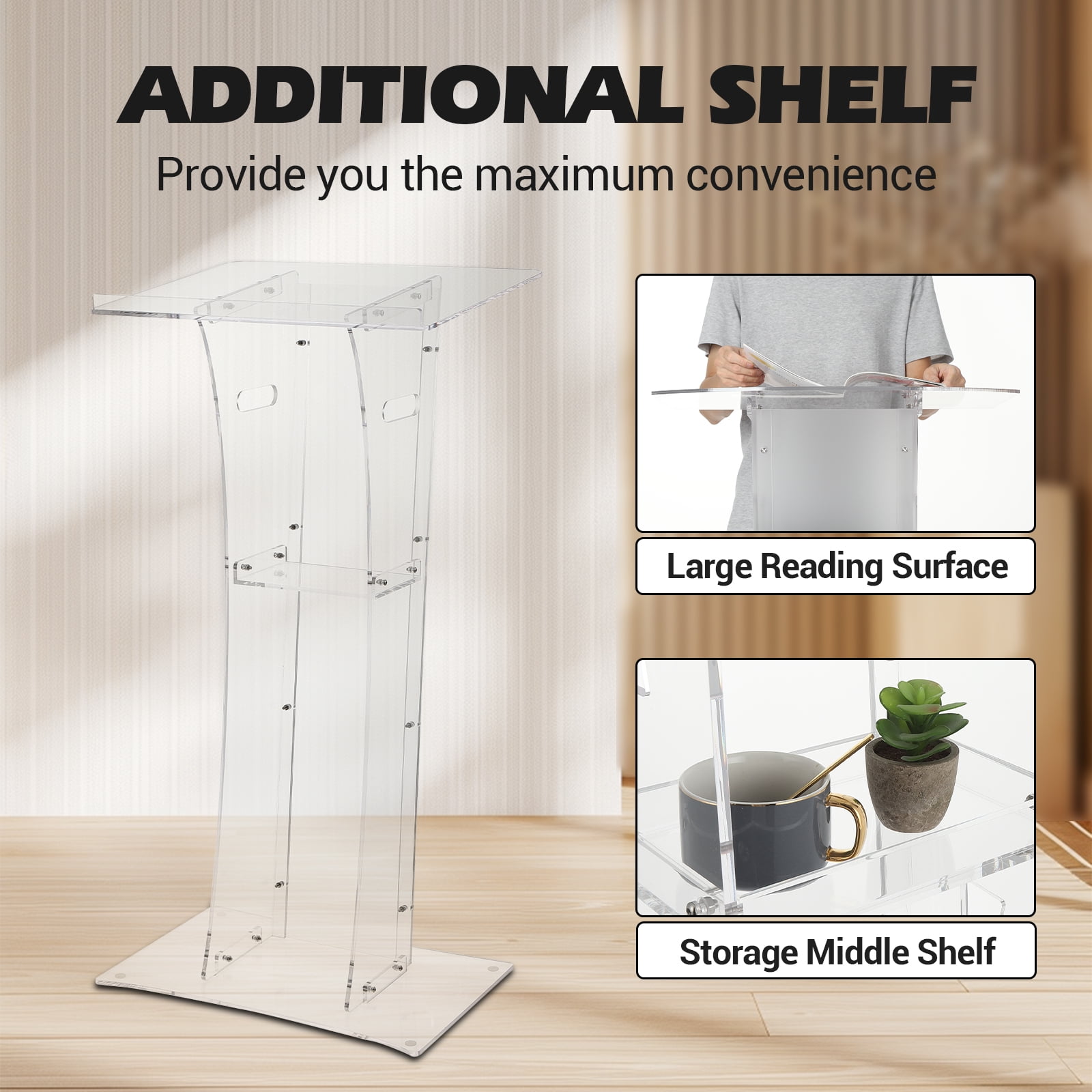 EastVita 47" Tall Acrylic Podium Stand,Wide Surface & Storage Shelf ...