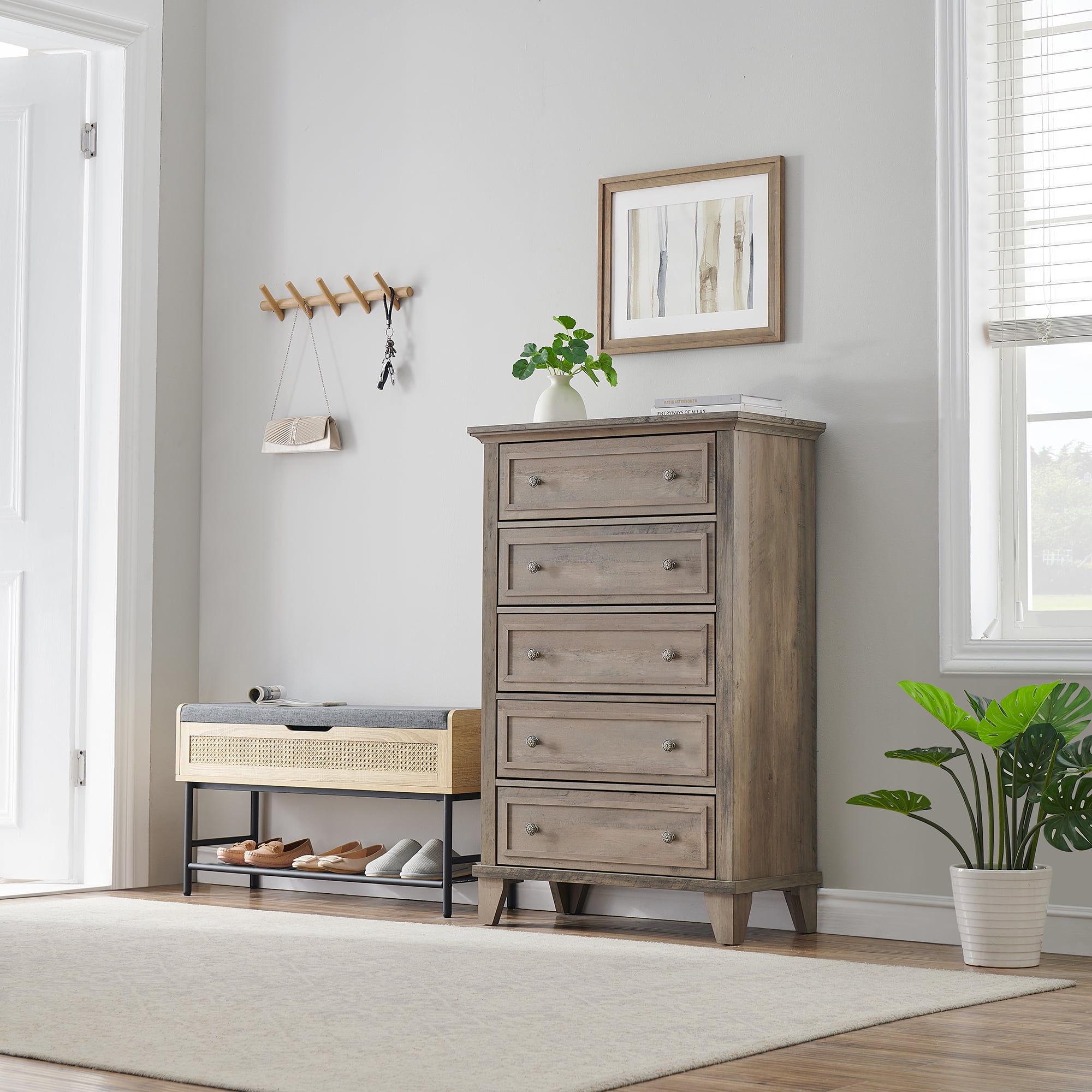 EastVita Rustic Wooden Solid 5-Drawer Dresser, Multi-Functional Storage ...