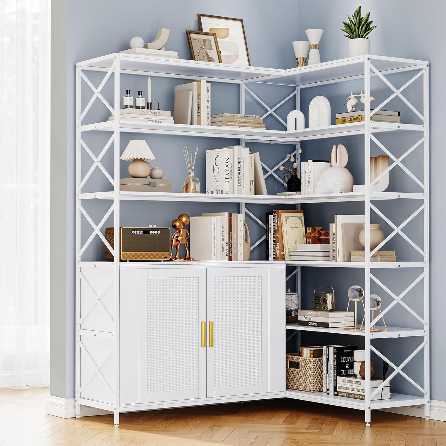 EastVita 6 Tier Corner Bookshelf, Large Farmhouse Bookcase for Corner ...