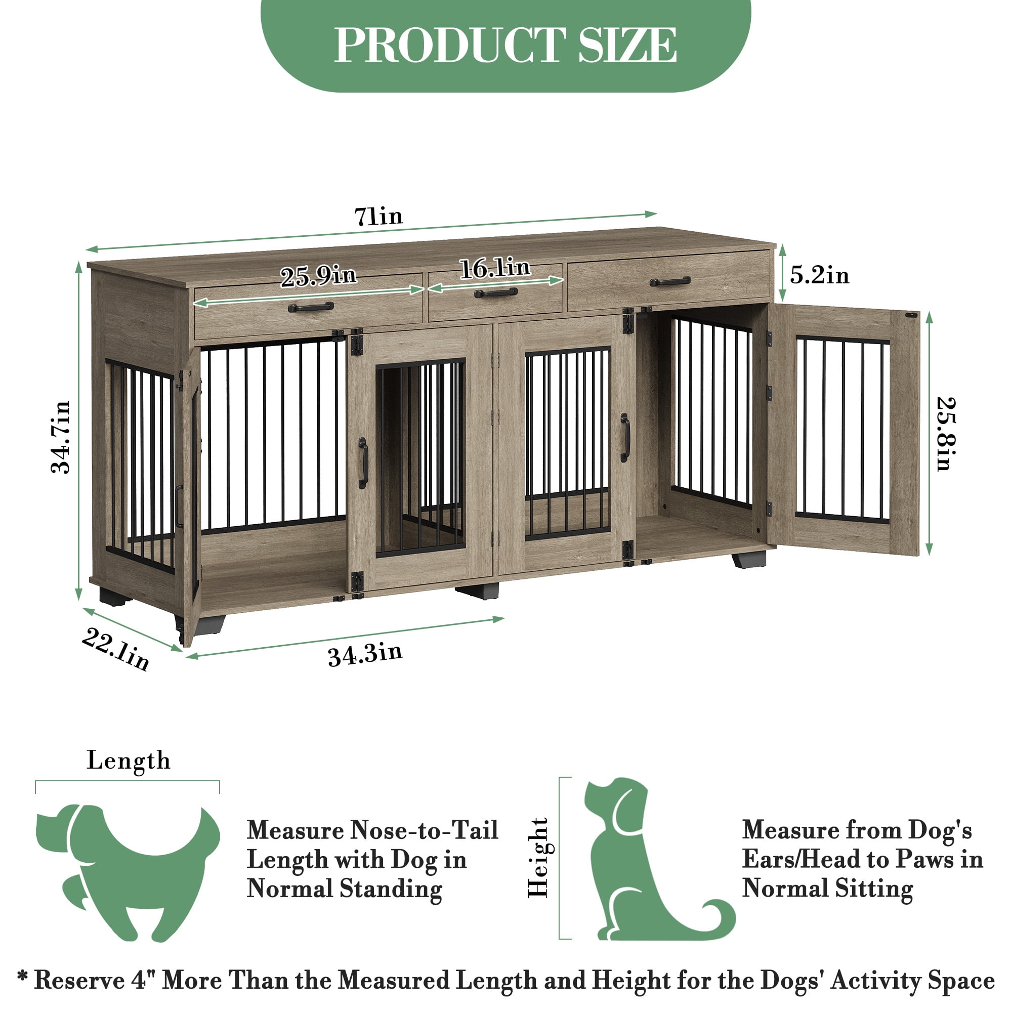EastVita 71" Dog Crate Furniture for 2 Dogs, Wooden Double Dog Crate ...