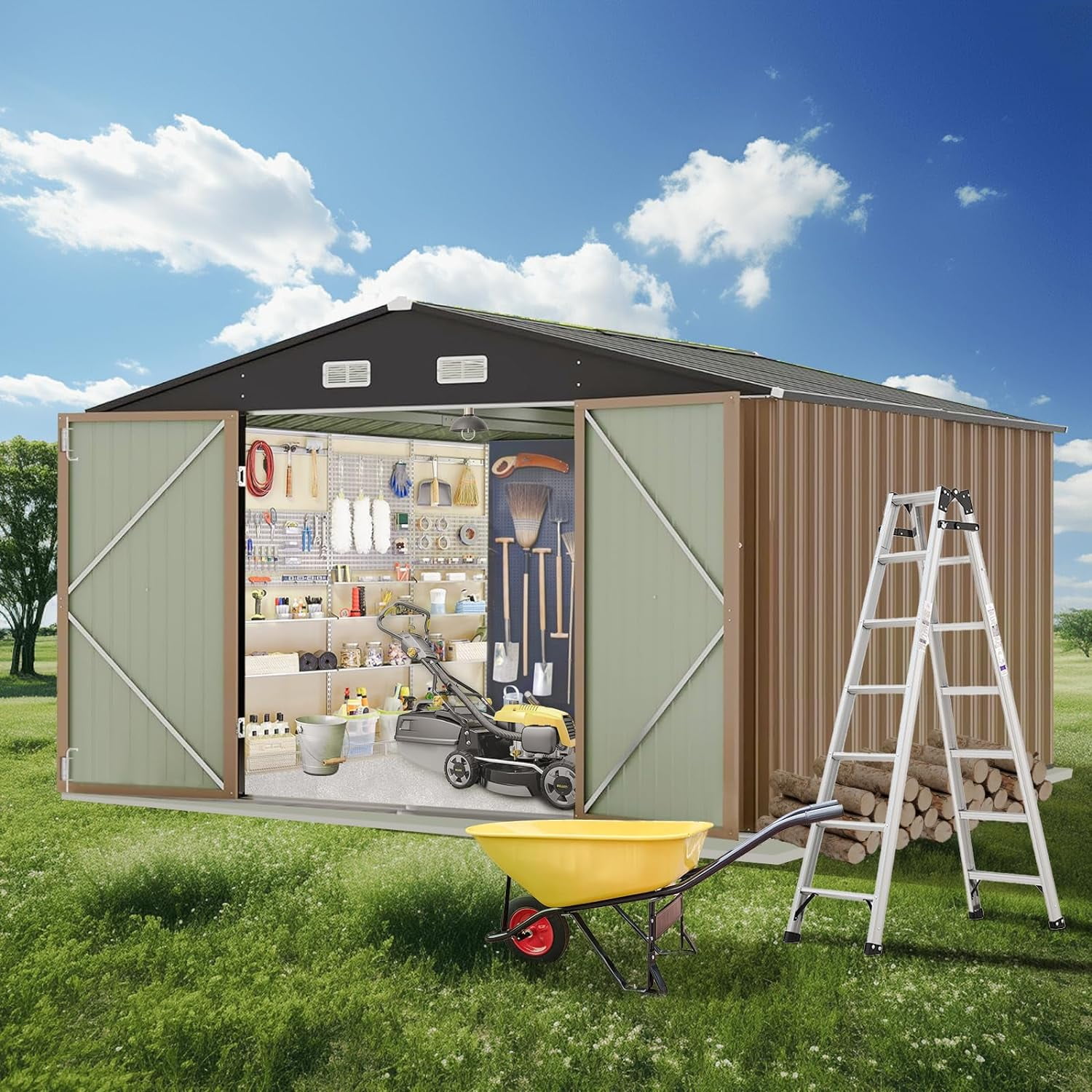 EastVita 8x8 FT Outdoor Metal Storage Shed, Steel Utility Shed Storage ...