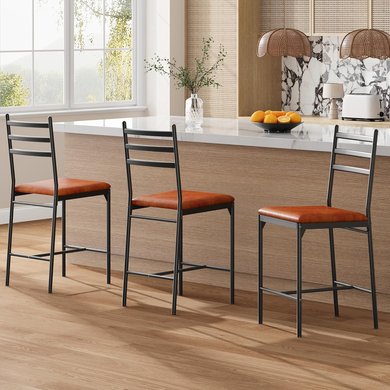 EastVita Bar Stools Set of 2 - Faux Leather Bar Chair with Back - Thick ...