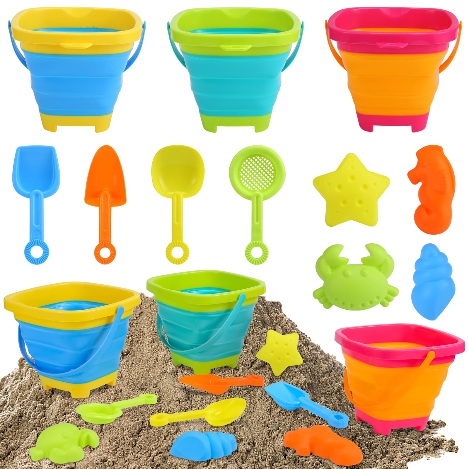 EastVita Beach Toys Sand Toys Set for Kids Collapsible Sand Bucket and ...