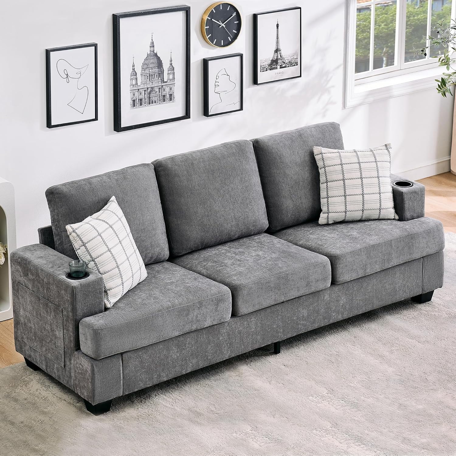 EastVita Chenille 3-Seater Sofa with Cup Holders and Side Storage ...