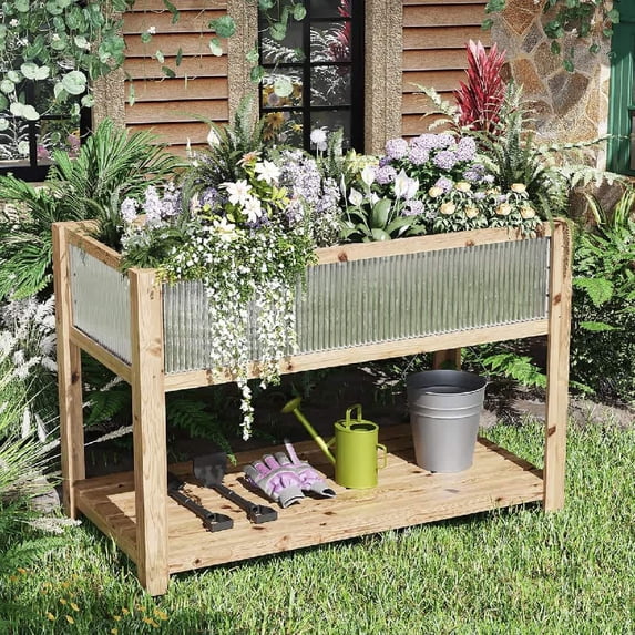 EastVita Elevated Wood Planter Box Mobile Design Storage Shelf Multi ...