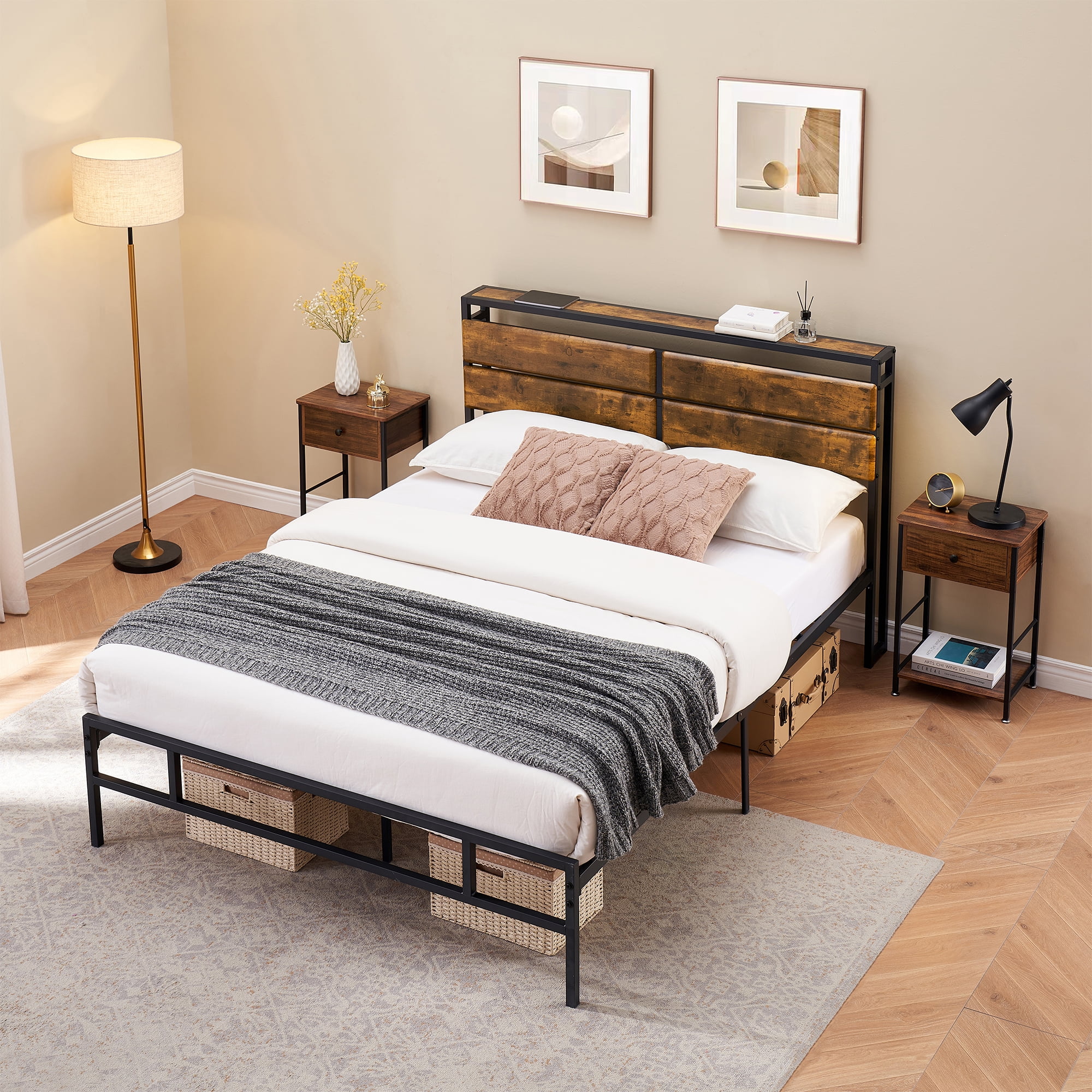 EastVita FULL Bed Frame with Storage headboard Metal Platform Bed Frame ...