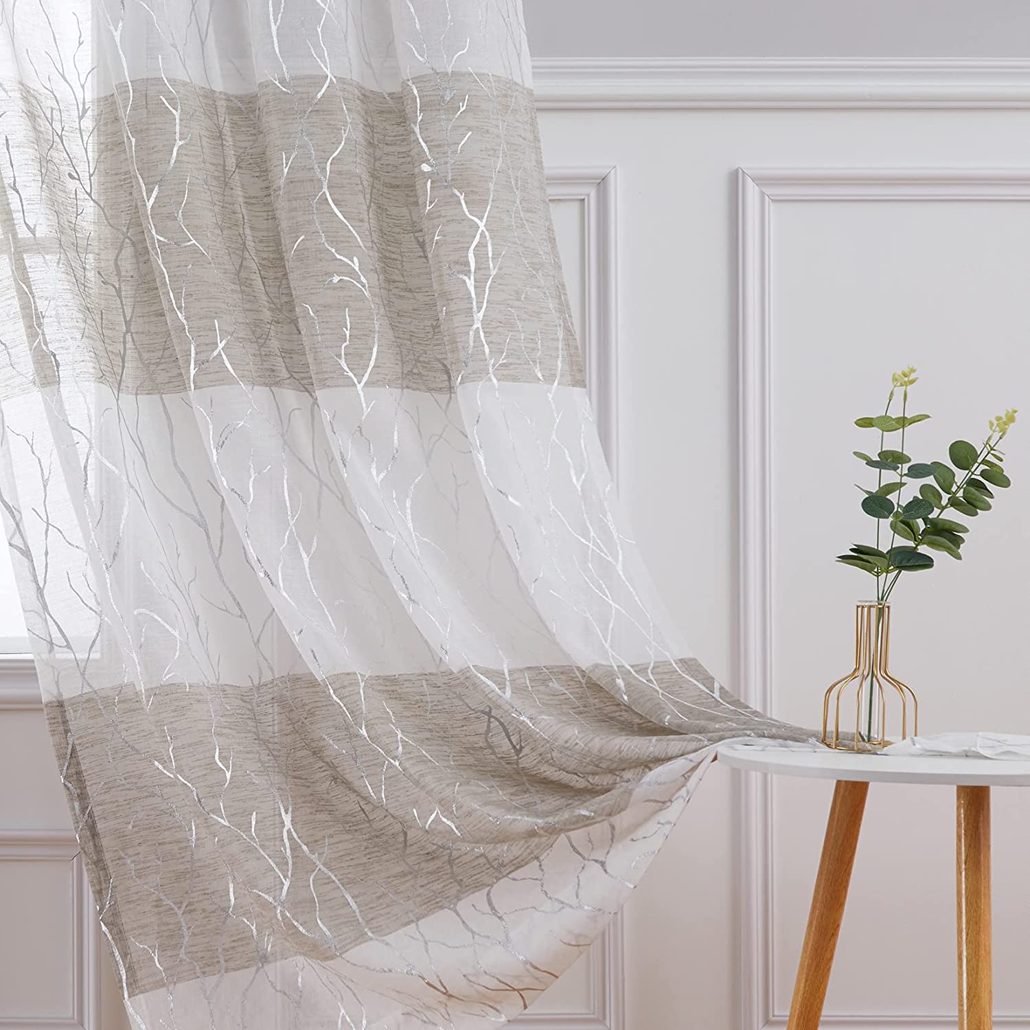 EastVita Farmhouse Sheer Curtain Transparent Blue Block Silver Foil ...