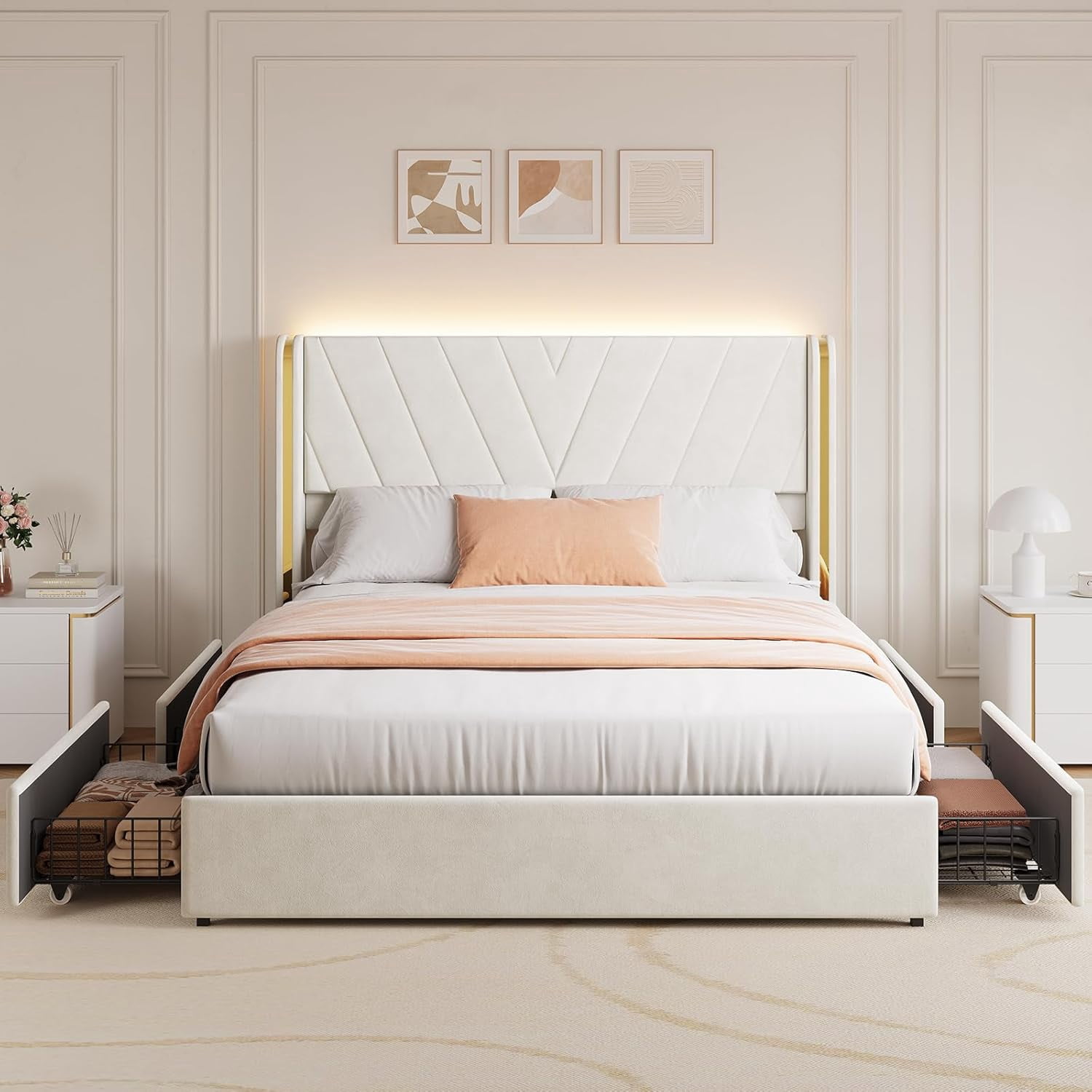 EastVita Full Upholstered LED Full Size Bed Frame with 4 Storage ...