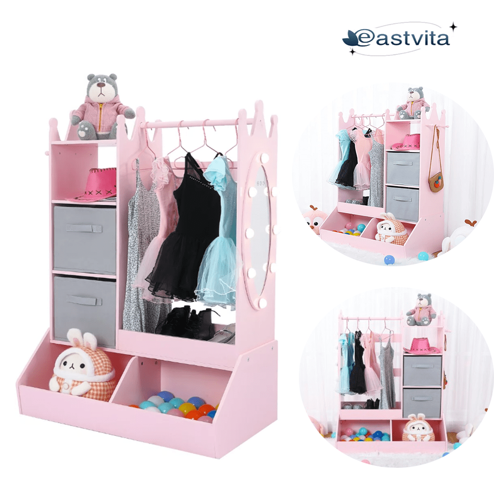 EastVita Girls'Dress-Up Storage with Light & Mirror,Kids Clothing Rack ...