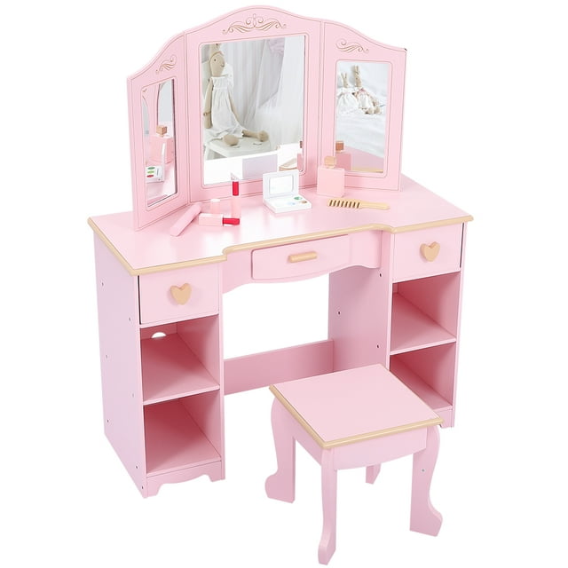EastVita Girls' Vanity Table and Chair Set Princess Makeup Dressing ...