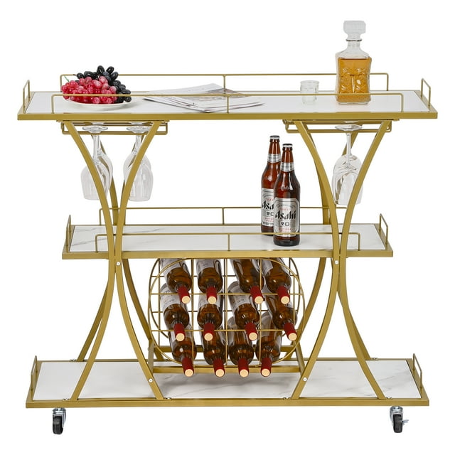 EastVita Gold Bar Cart with Wheels,3 Tier Bar Serving Cart with Glass ...
