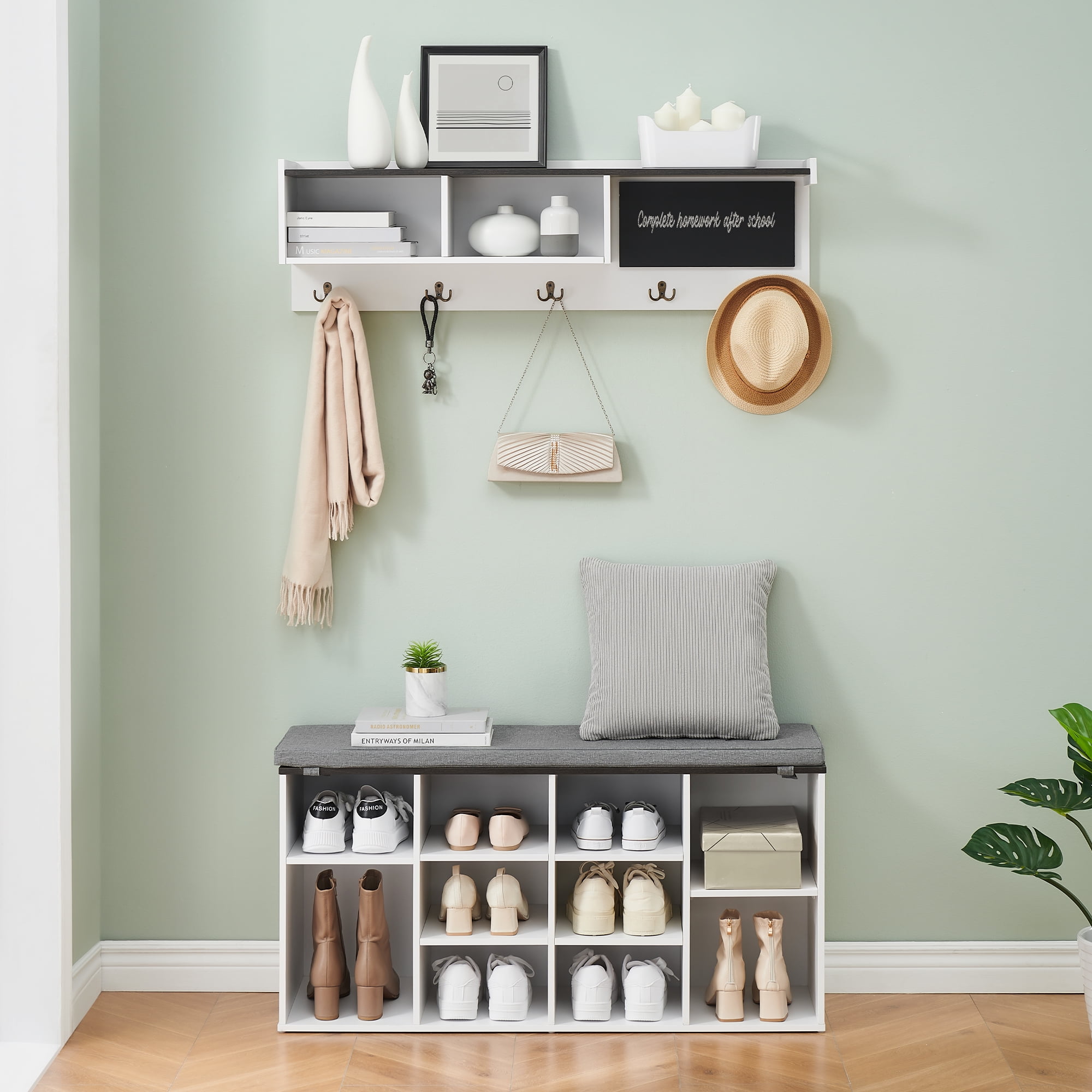 EastVita Hall Tree Shoe Bench Industrial 6 in 1 Coat/Shoe Rack with 5 ...