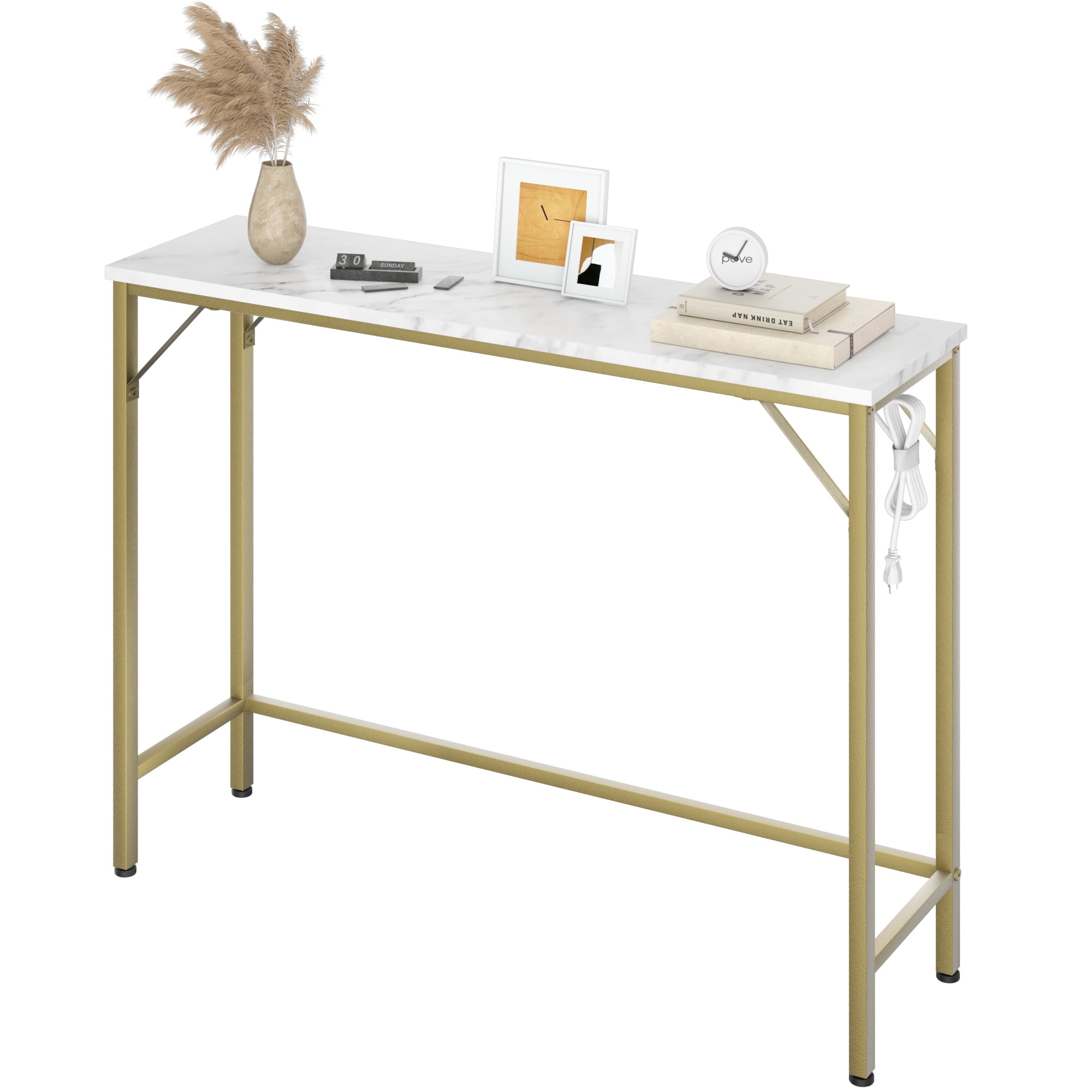 EastVita Narrow Console Table, Gold Sofa Table with Outlets, Behind ...