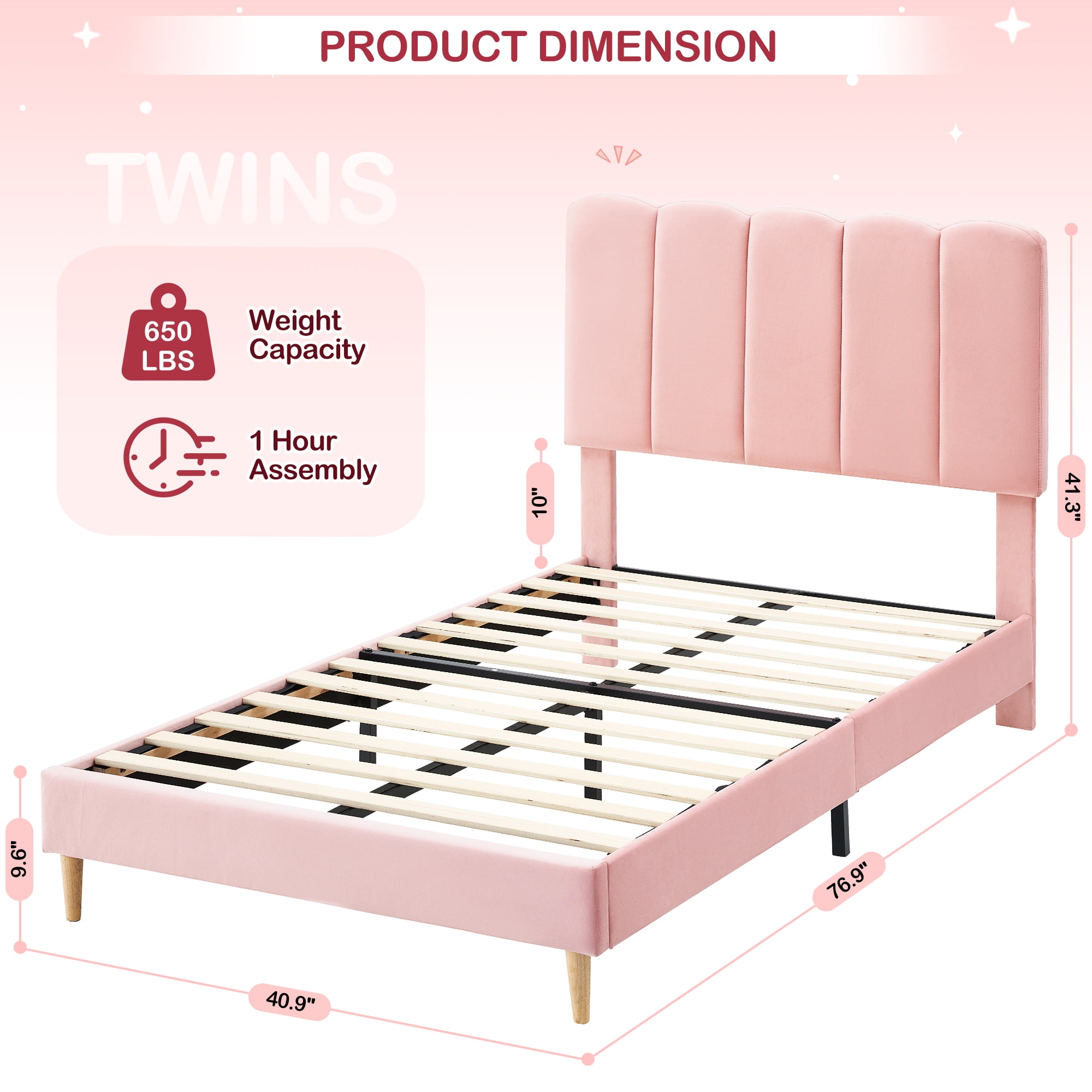 EastVita Pink Twin Bed Frame for Girls, Twin Size Velvet Upholstered ...