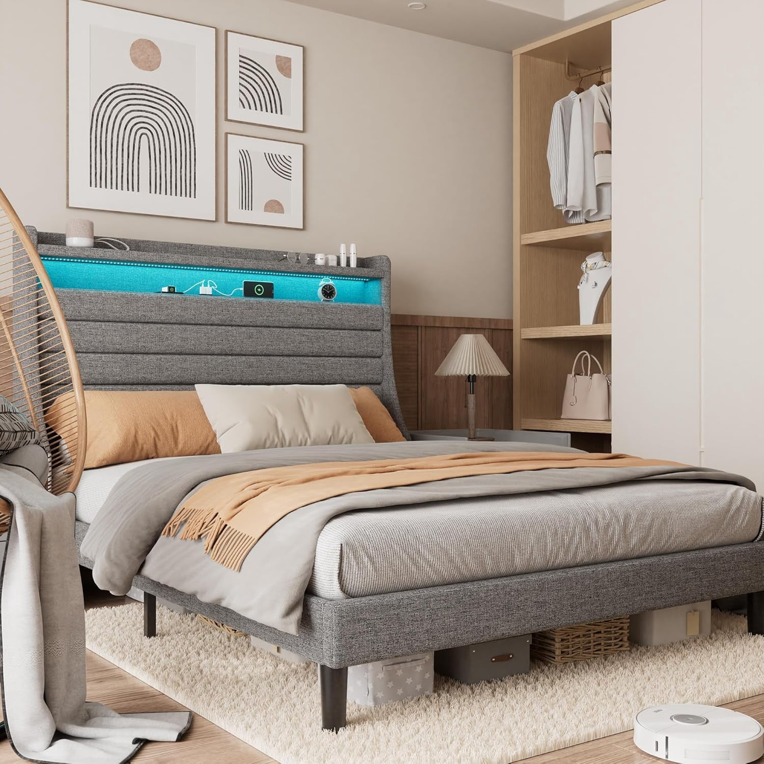 EastVita Queen Upholstered Bed Frame With Headboard-Charging Station ...