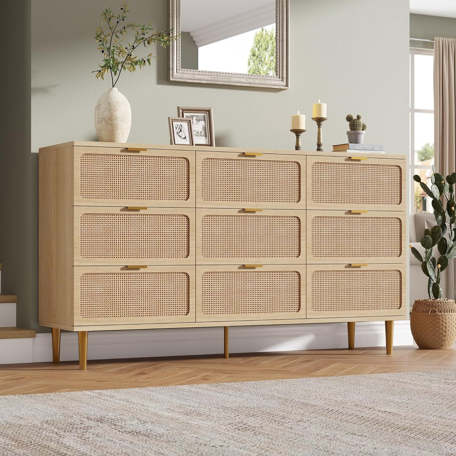EastVita Rattan 9 Drawer Dressers for Bedroom Tall Dresser with Deep ...