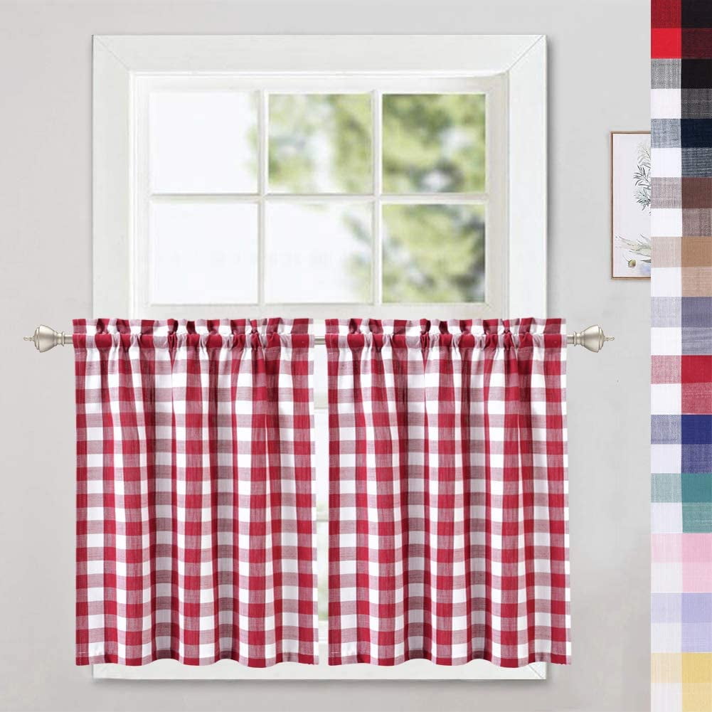 EastVita Red And Black Buffalo Check Tier Curtains For Kitchen Heavy ...