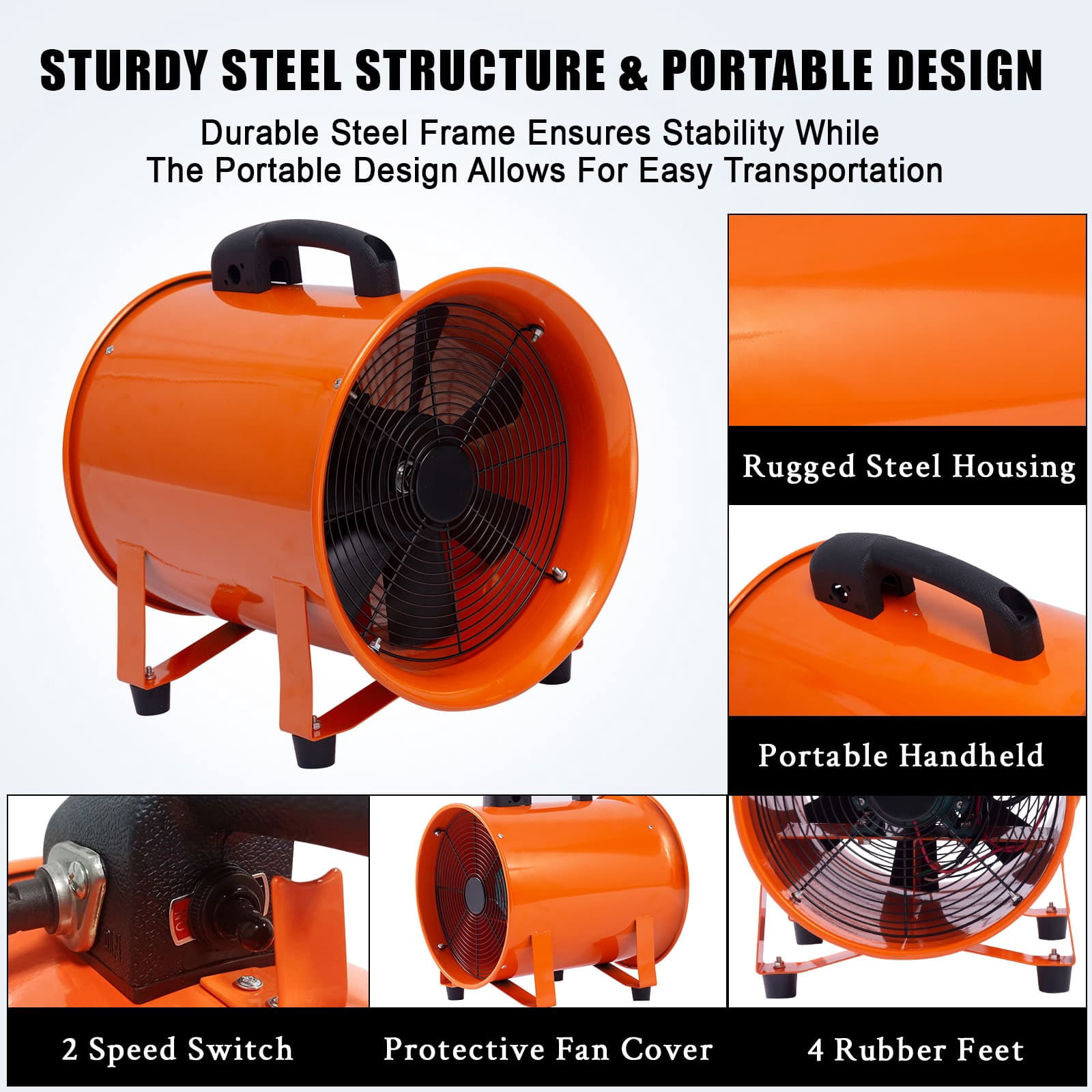 EastVita Steel Industrial Fan 12 Inch 580W 3500 CFM Tube Axial Exhaust ...