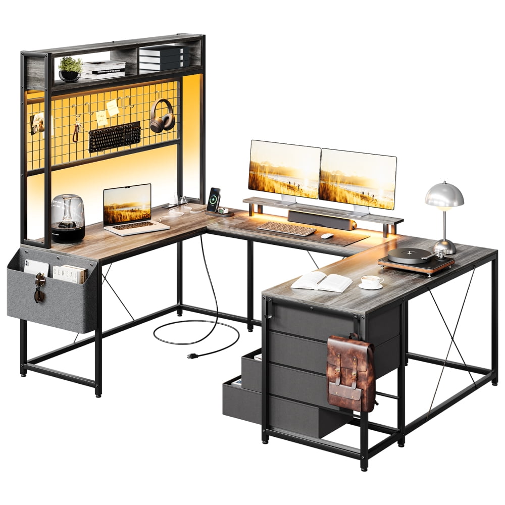 EastVita U Shaped Desk with Monitor Stand and LED Lights, 4 Drawers ...