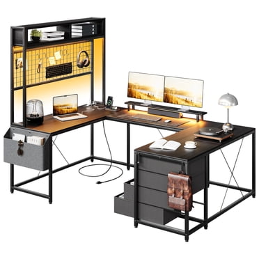 U-Shaped Computer Desk with Monitor Stand and LED Lights, Computer ...