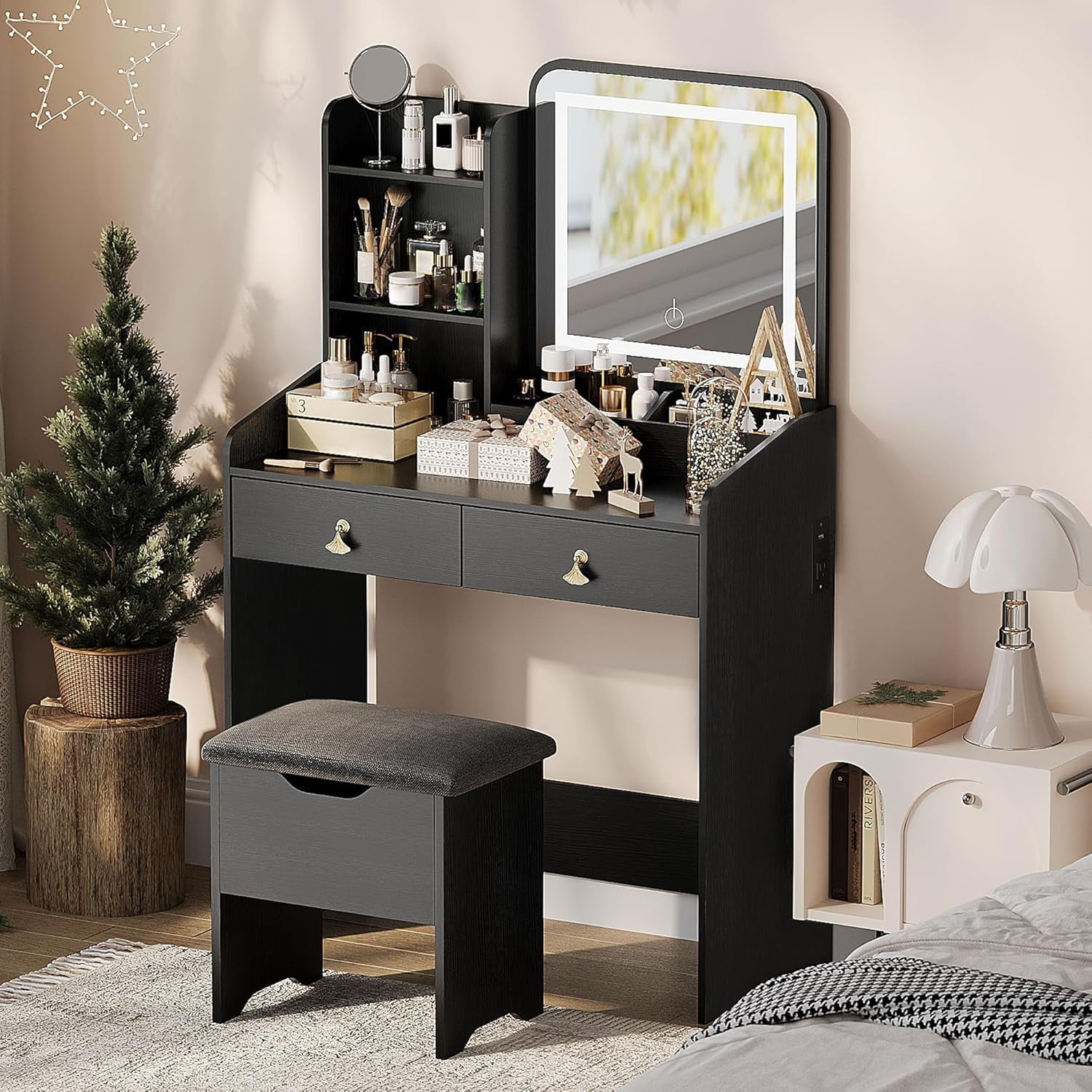 EastVita Vanity Desk with LED Light Mirror and Charging Station Small ...