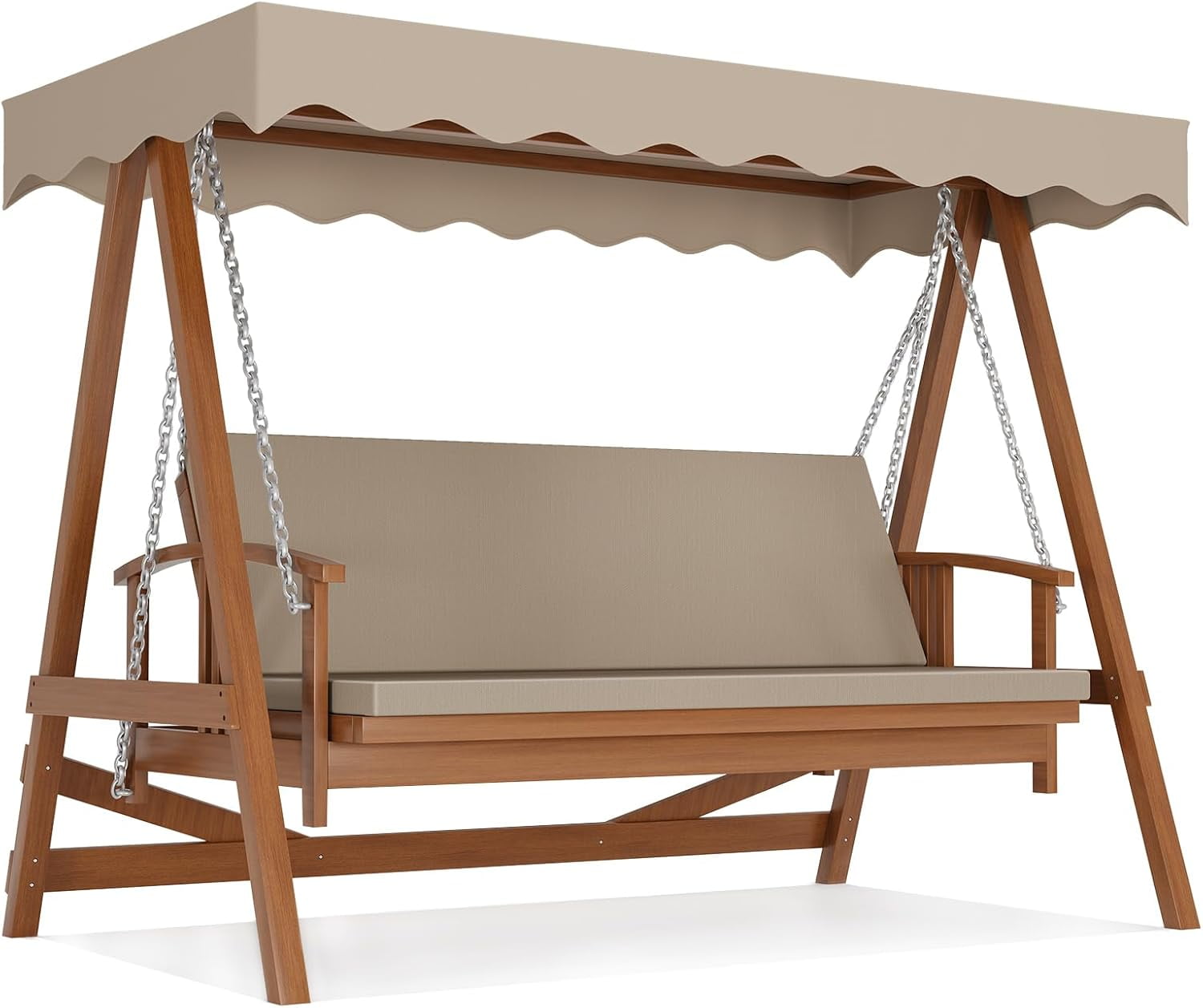 EastVita Wooden Patio Swing with Adjustable Canopy,3-Seater Wood Swing ...