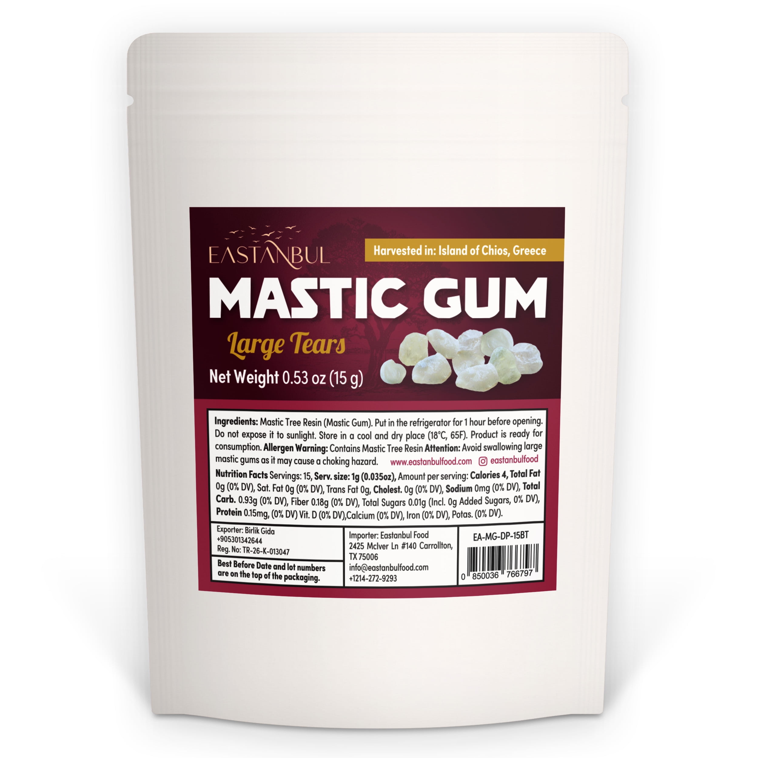 Eastanbul Mastic Gum, Natural Jawliner Chewing Gum, 0.53oz, 15 Tubes ...