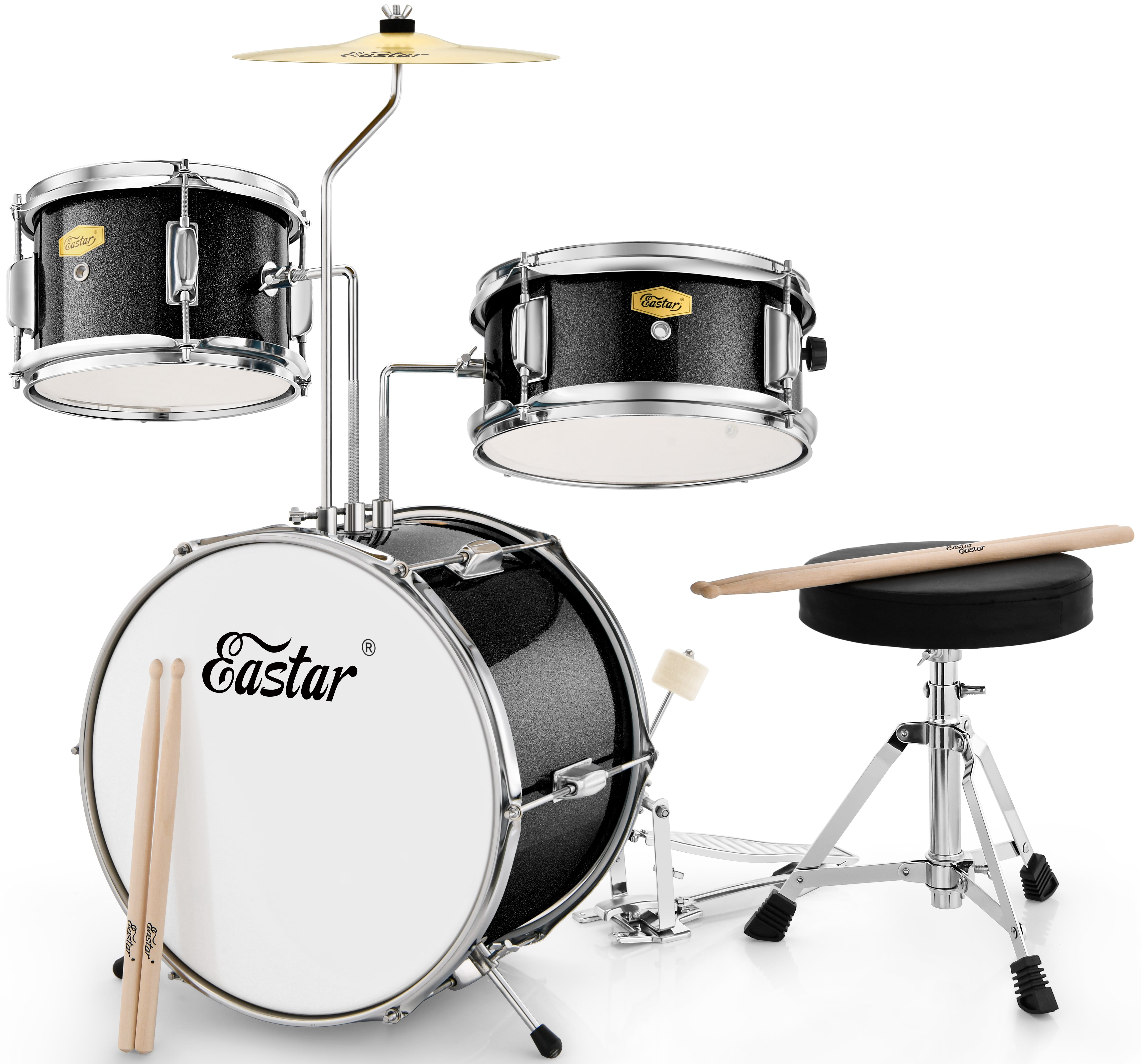 Eastar Children's 3-Piece 14-Inch Drum Set, Metallic Black, Percussion ...