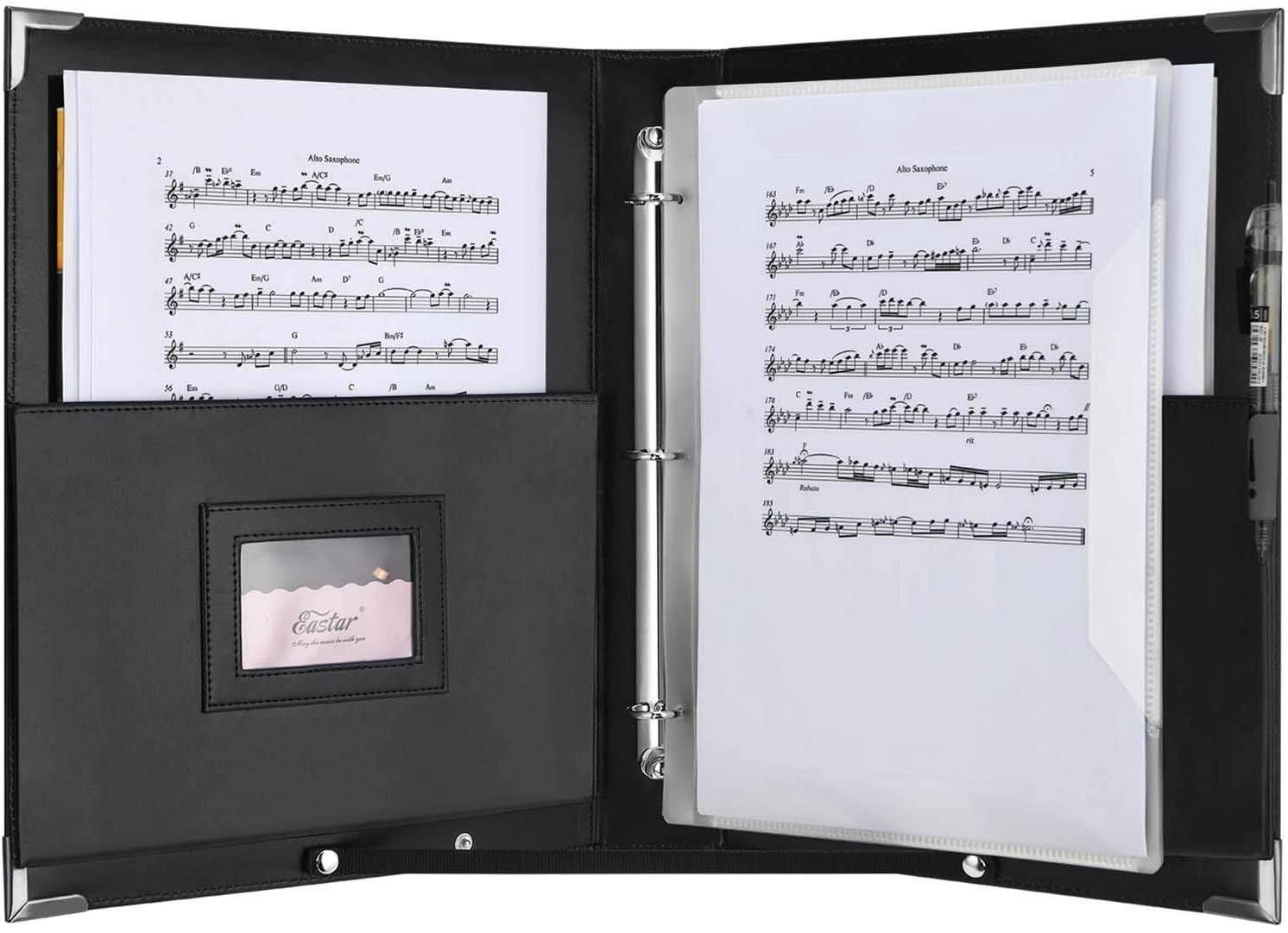 "Eastar ESMF-1 Leather Music Folder, Black, 15 Pockets, A4, 3 Rings ...