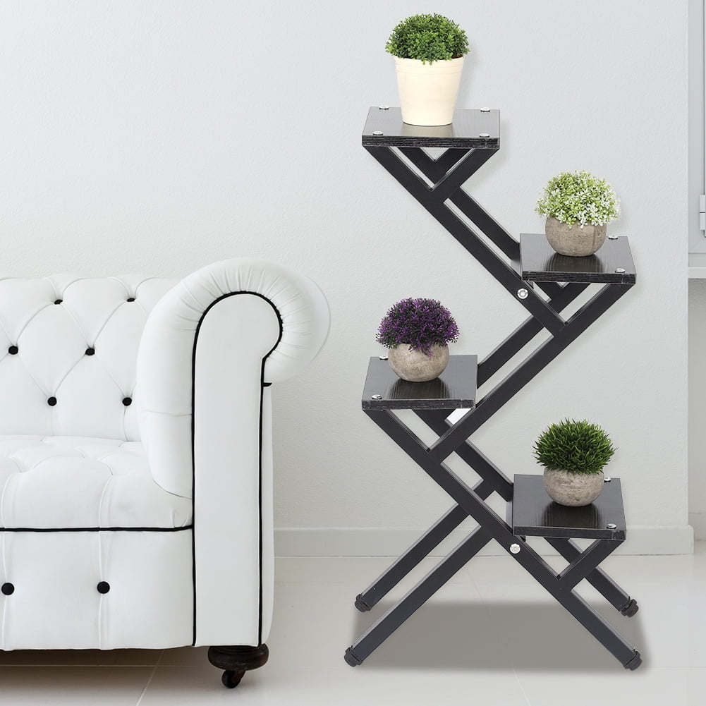Eastbuy 4-Tier Black Wood Flower Pot Stand with Z Shape Design ...