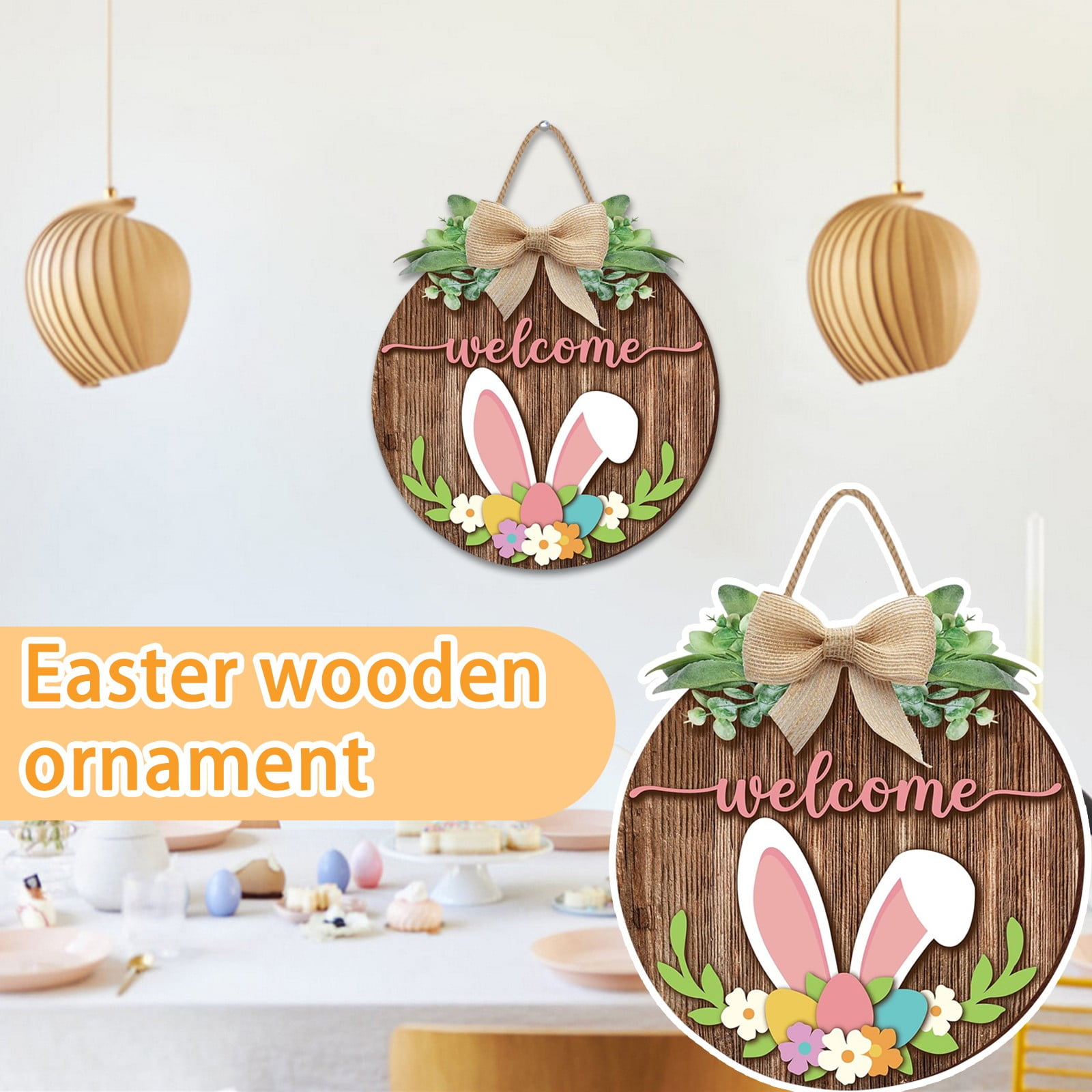 Easter 11.8in Wooden Bunny Welcome Round Front Door Hanging Porch ...